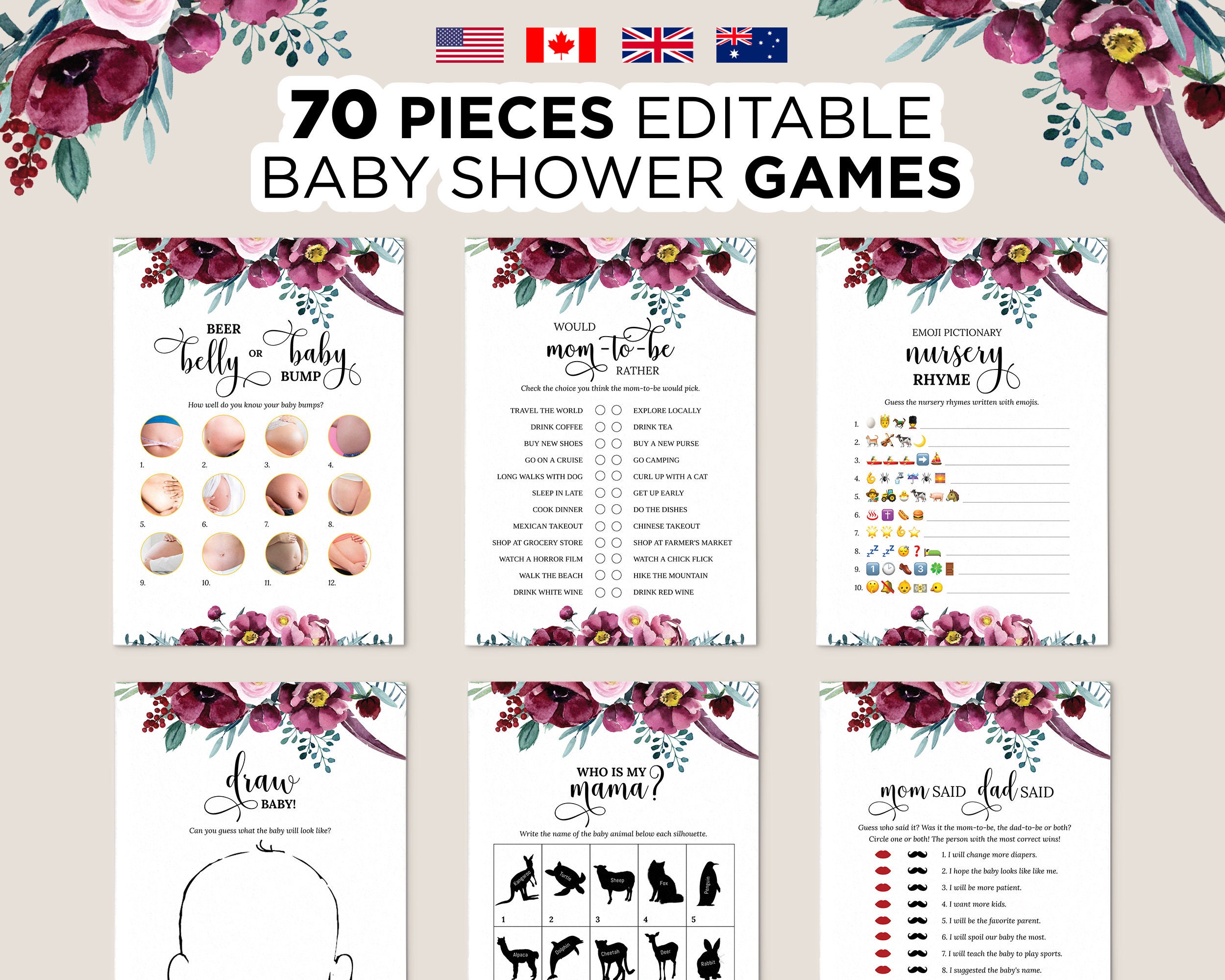 Girl Baby Shower Games Printable Floral Baby Shower Games Bundle ...