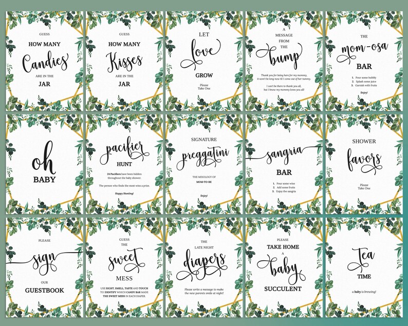Editable Greenery Baby Shower Bundle Printable Gold Foliage - Etsy