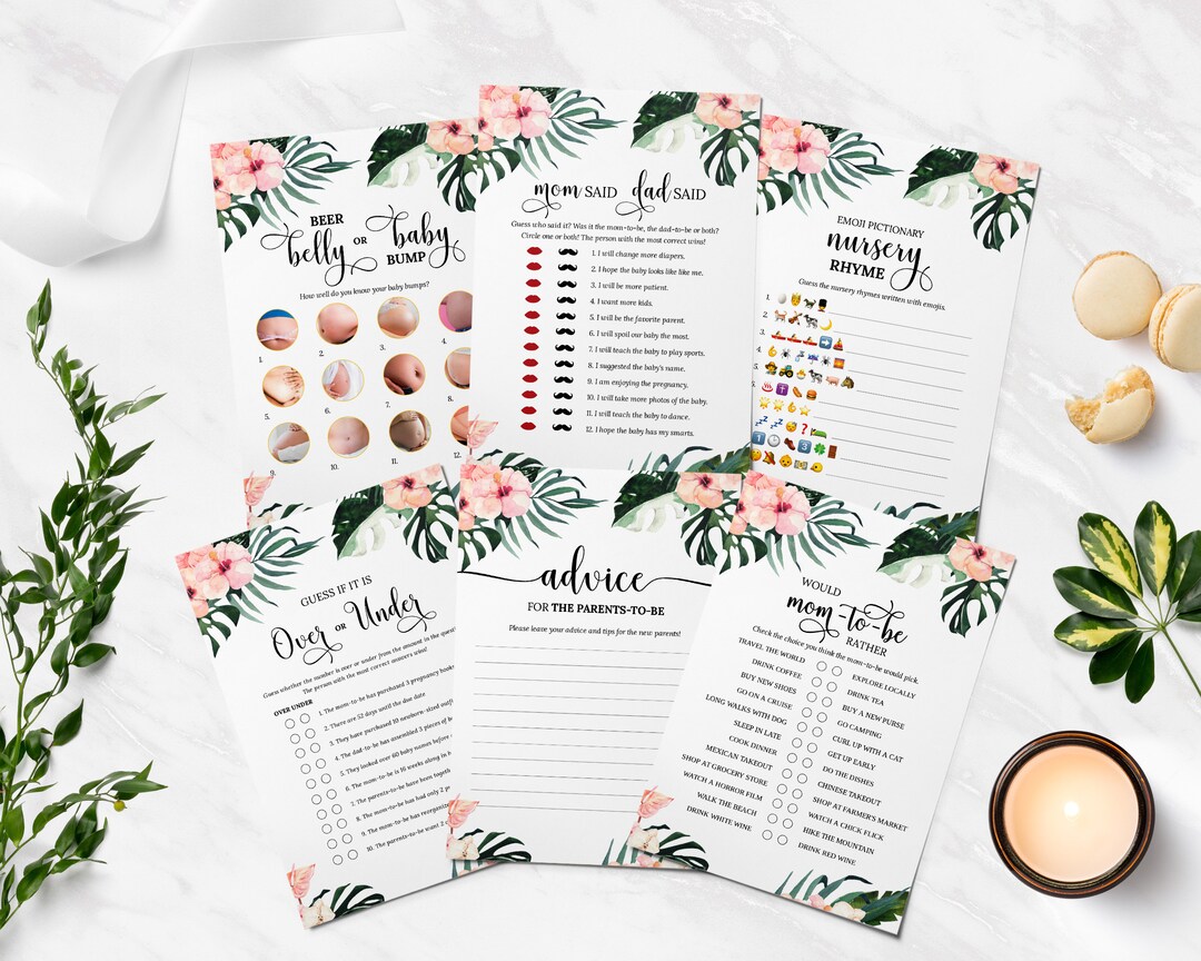 15 Editable Tropical Baby Shower Games, Tropical Leaves, Flower ...