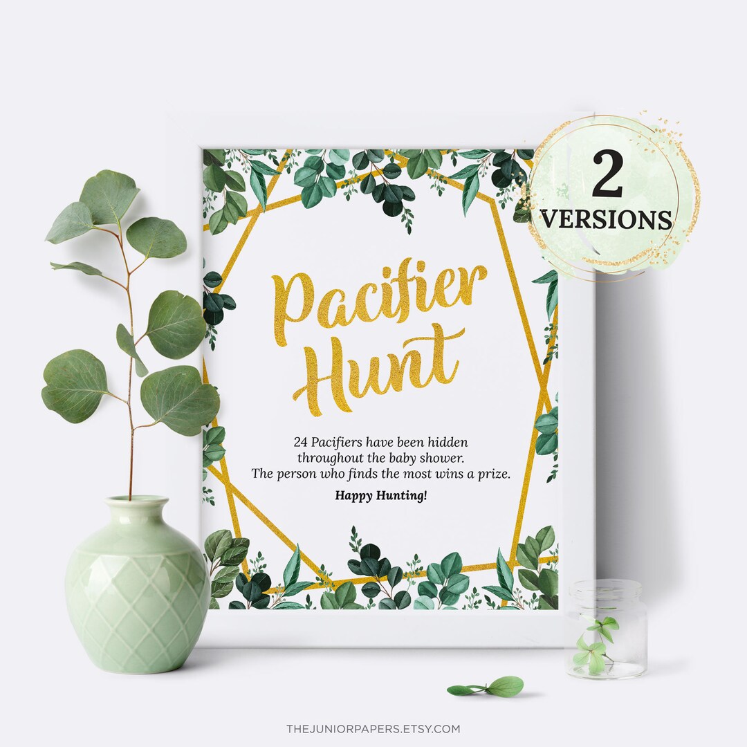 Pacifier Hunt, Baby Shower Sign, Greenery, Gold, Gender Neutral ...