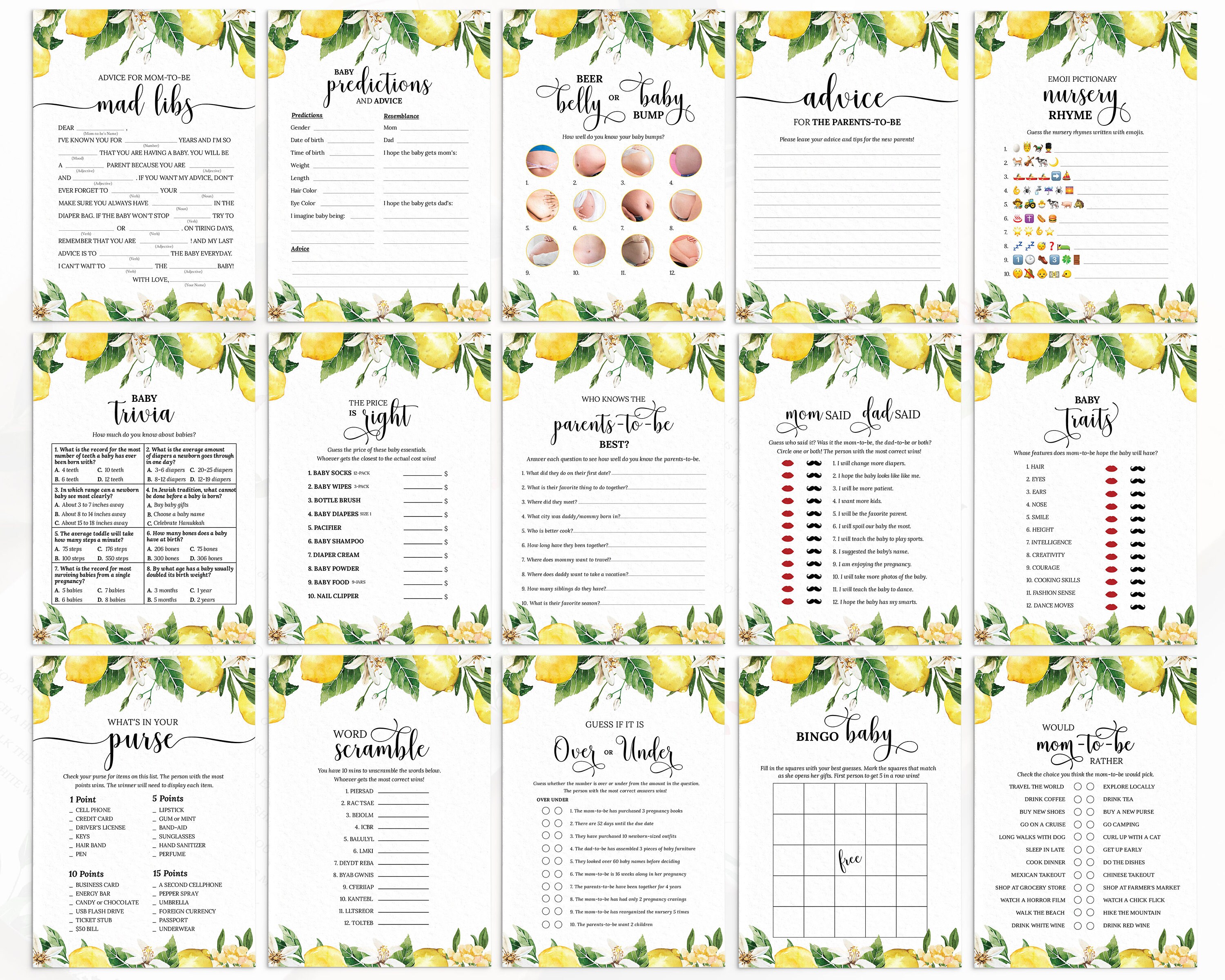 15 Editable Lemon Baby Shower Games Citrus Baby Shower | Etsy