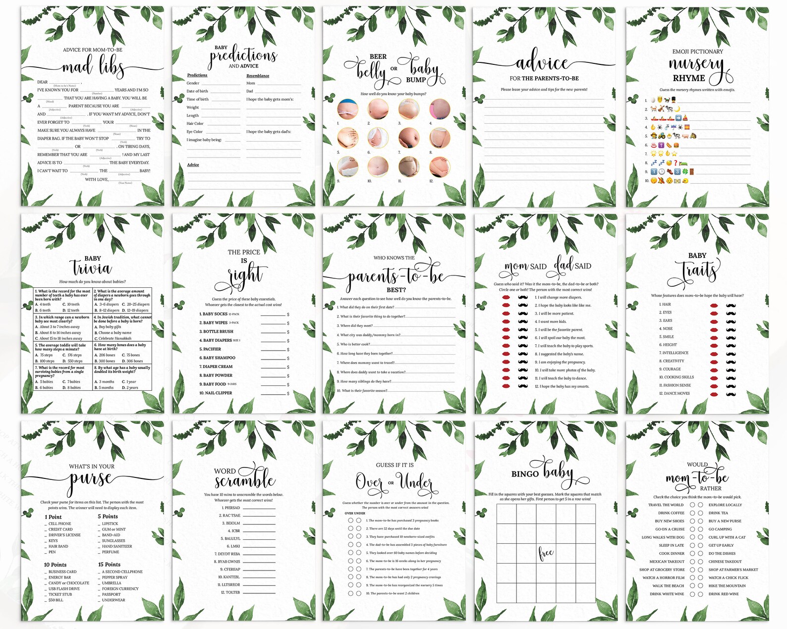 15 Editable Just Green Baby Shower Games Greenery Green Baby - Etsy