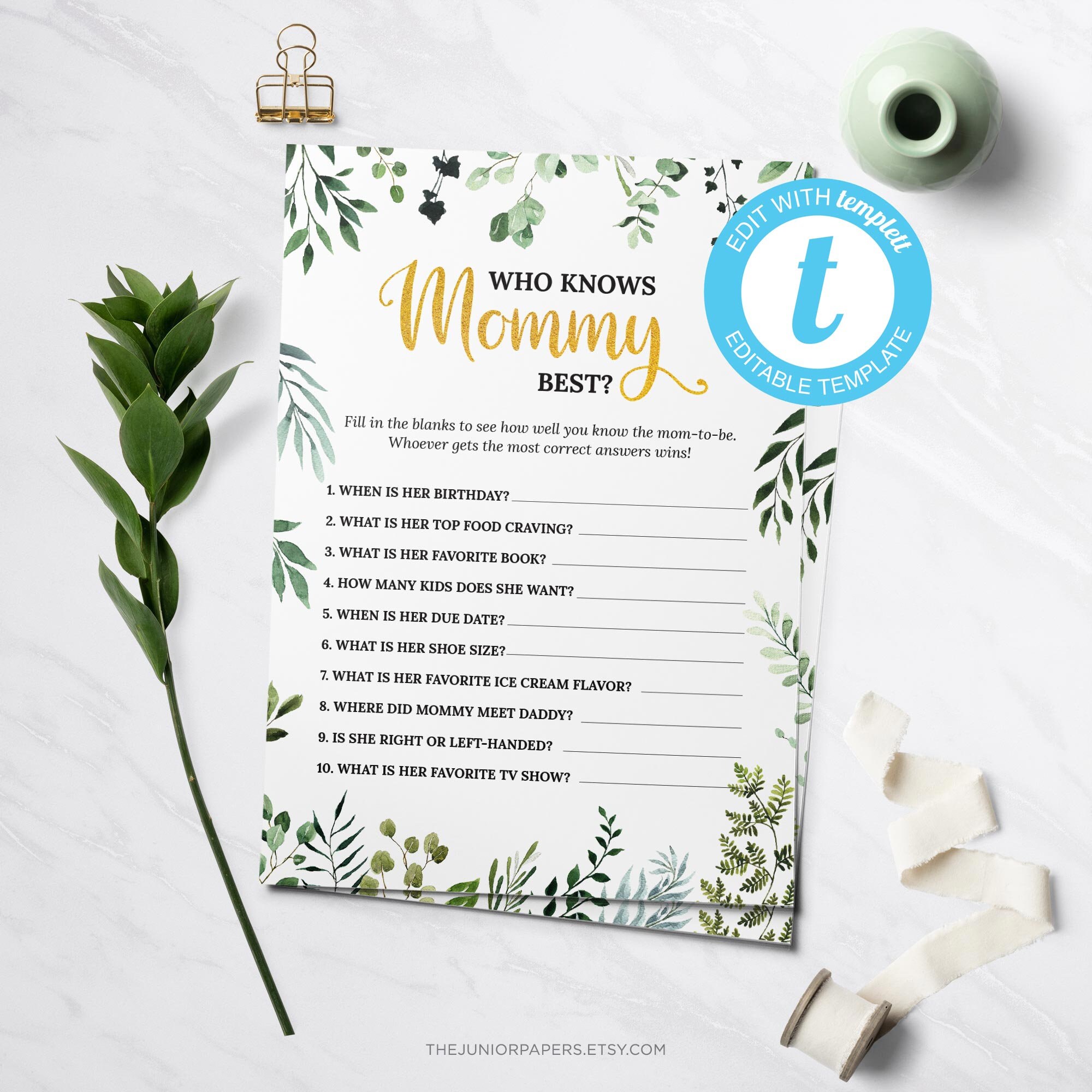 Editable Who Knows Mommy Best Baby Shower Games Greenery - Etsy