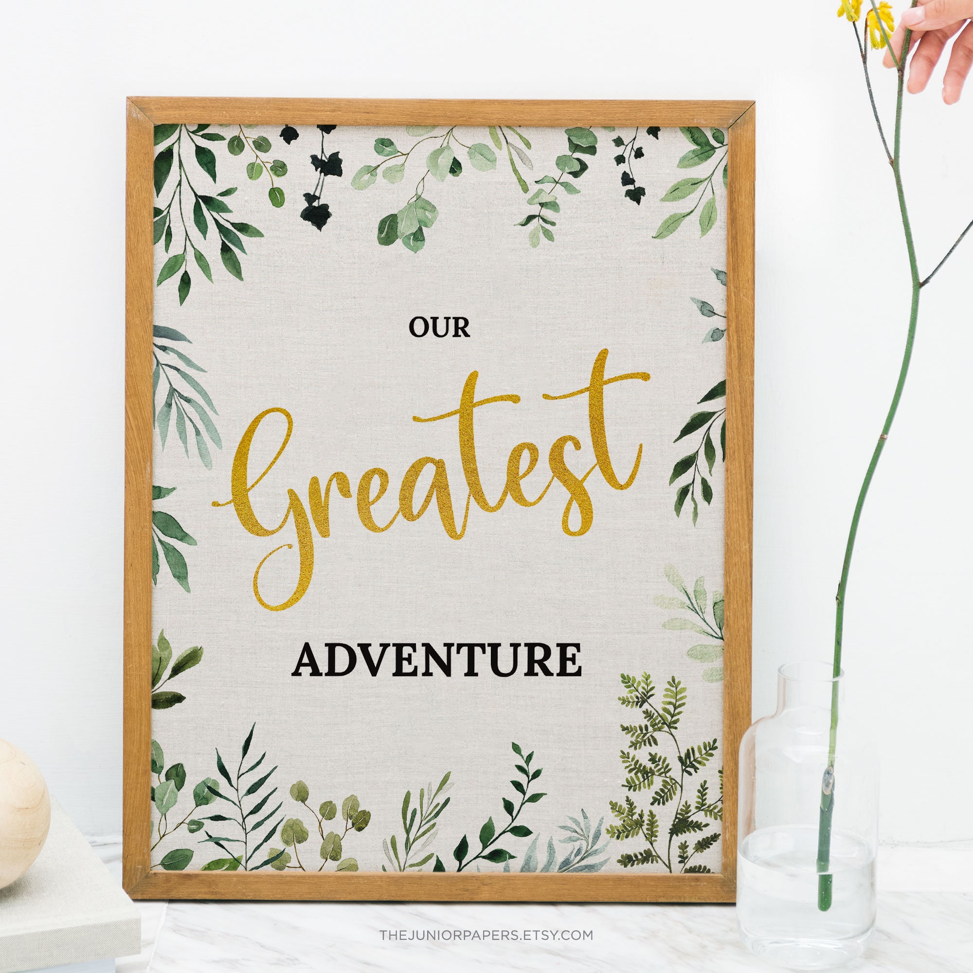 Our Greatest Adventure Baby Shower Sign Greenery Gold | Etsy