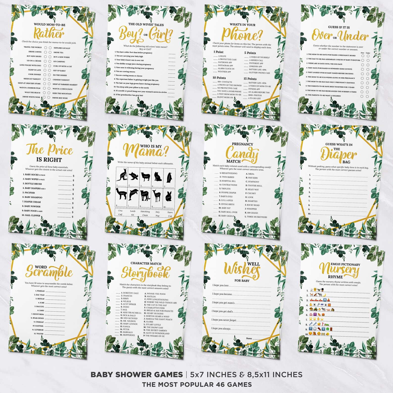 71 Pieces Baby Shower Game & Sign Bundle Greenery Gold - Etsy