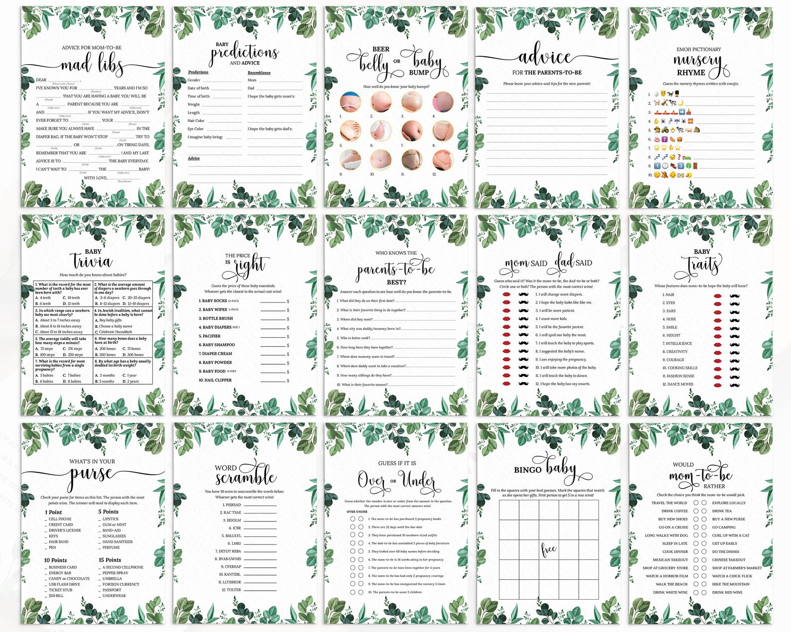15 Editable Greenery Baby Shower Games Greenery 2 Green | Etsy