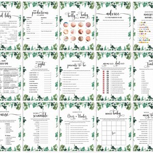 15 Editable Greenery Baby Shower Games, Greenery 2, Green Leaves ...