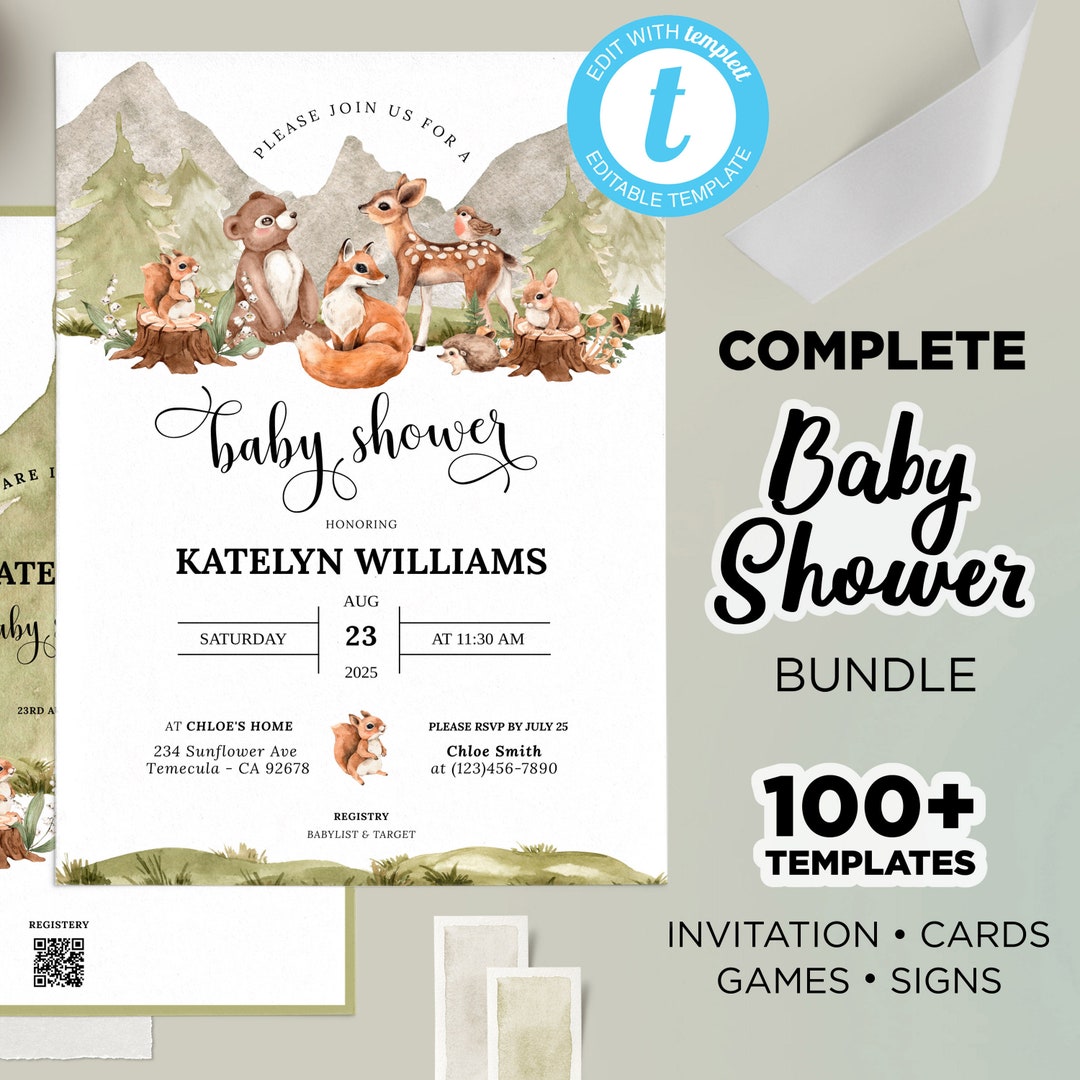 Woodland Baby Shower: Invitation, Games, Signs, Tags, Cake Toppers ...