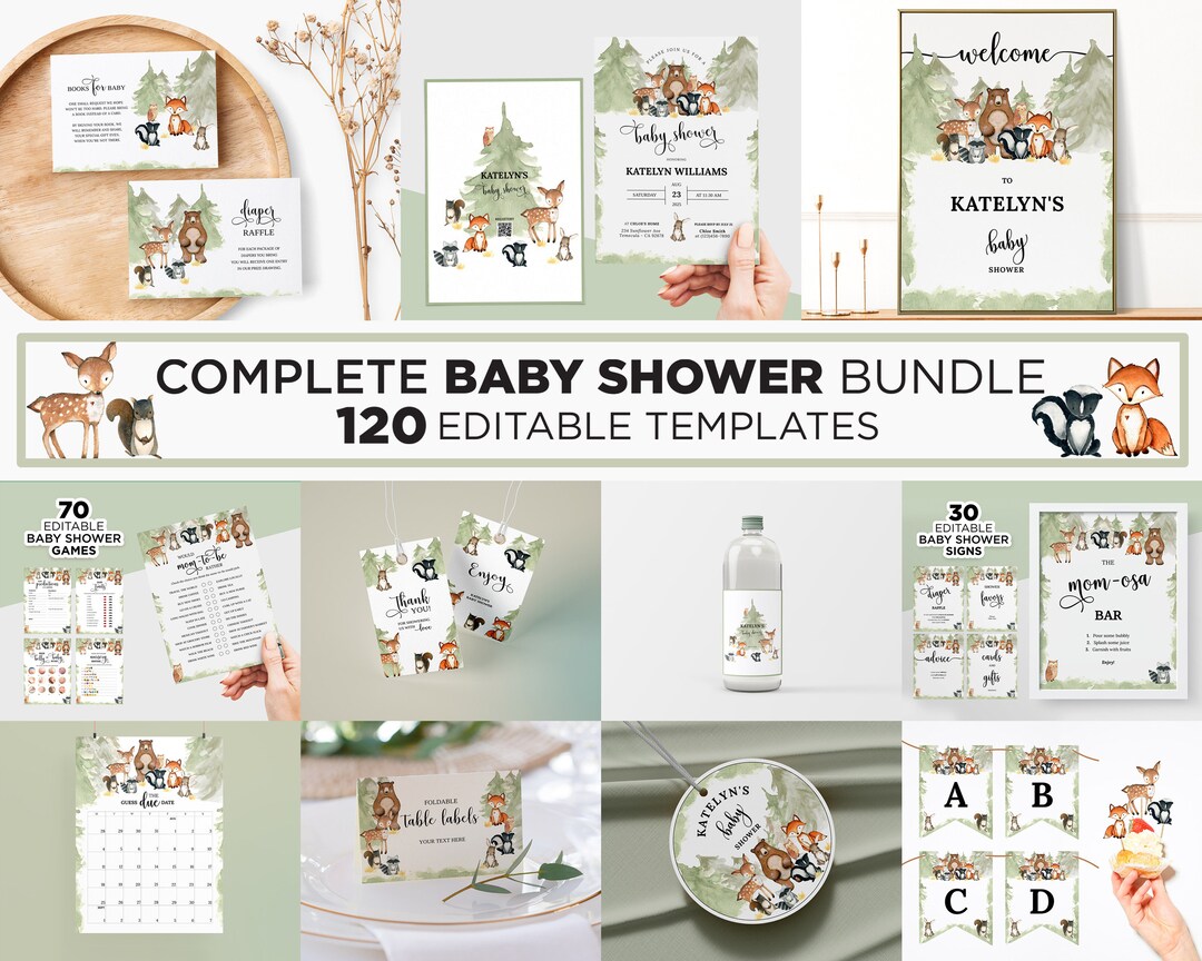 Woodland Baby Shower Bundle, Woodland Animals Baby Shower Games Bundle ...