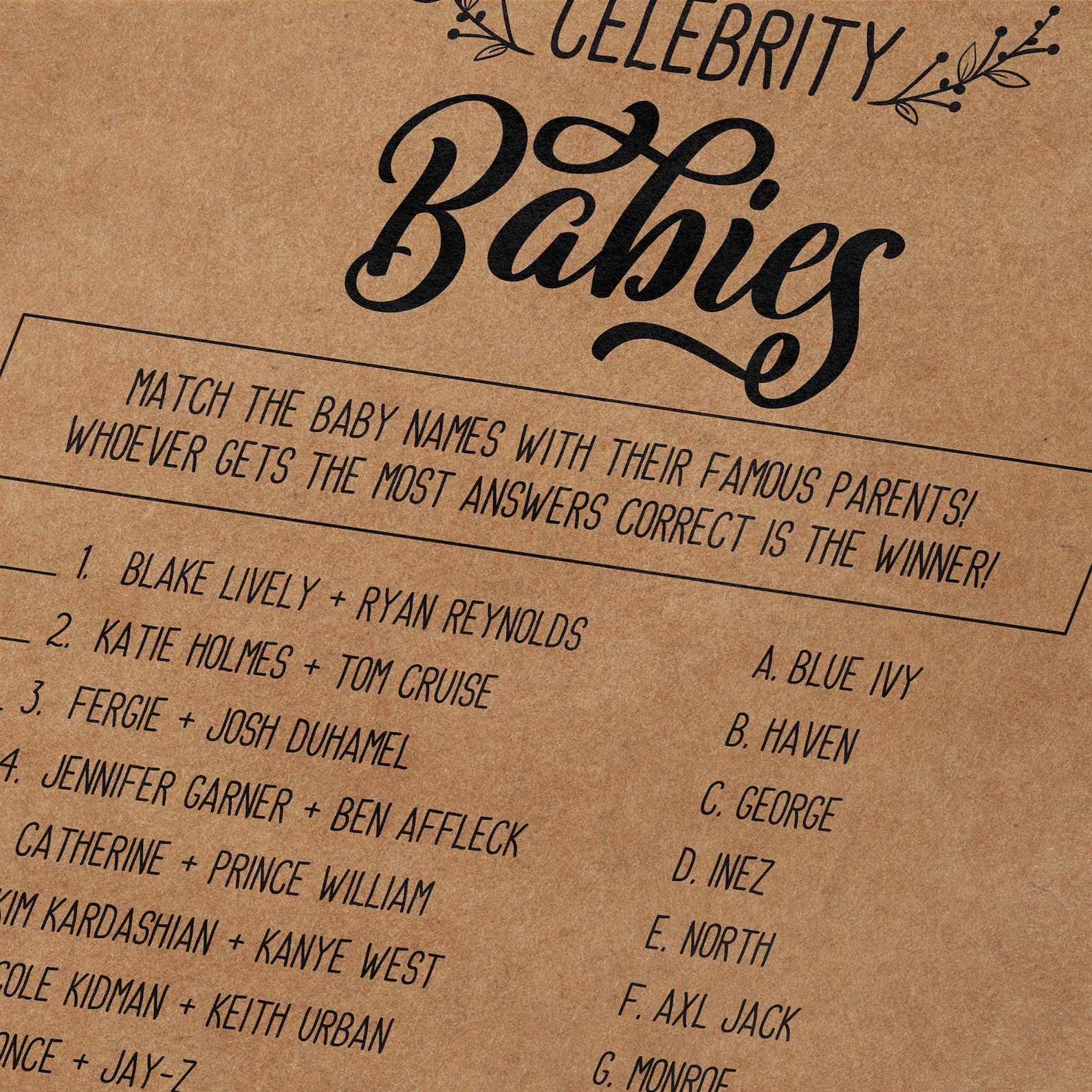 Celebrity Baby Match Baby Shower Games Kraft Rustic Baby - Etsy