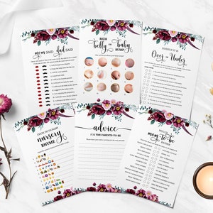 15 Editable Burgundy Baby Shower Games Bundle, Floral, Burgundy, Baby ...