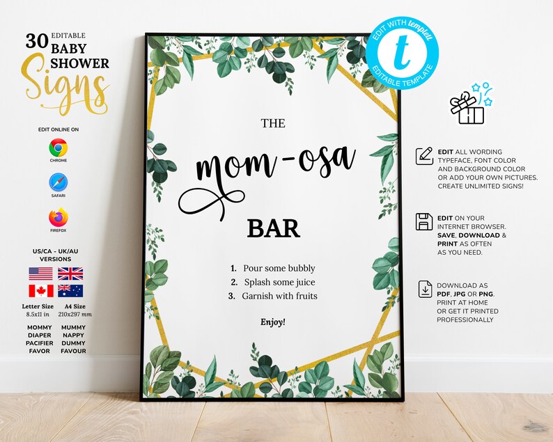 Editable Greenery Baby Shower Bundle Printable Gold Foliage - Etsy