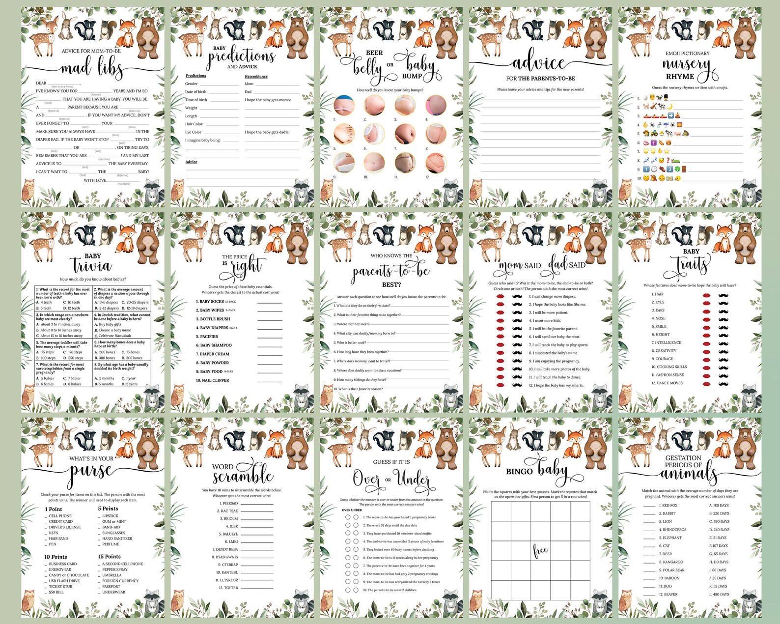 Baby Shower Games Woodland, Printable Baby Shower Games Bundle, Forest ...