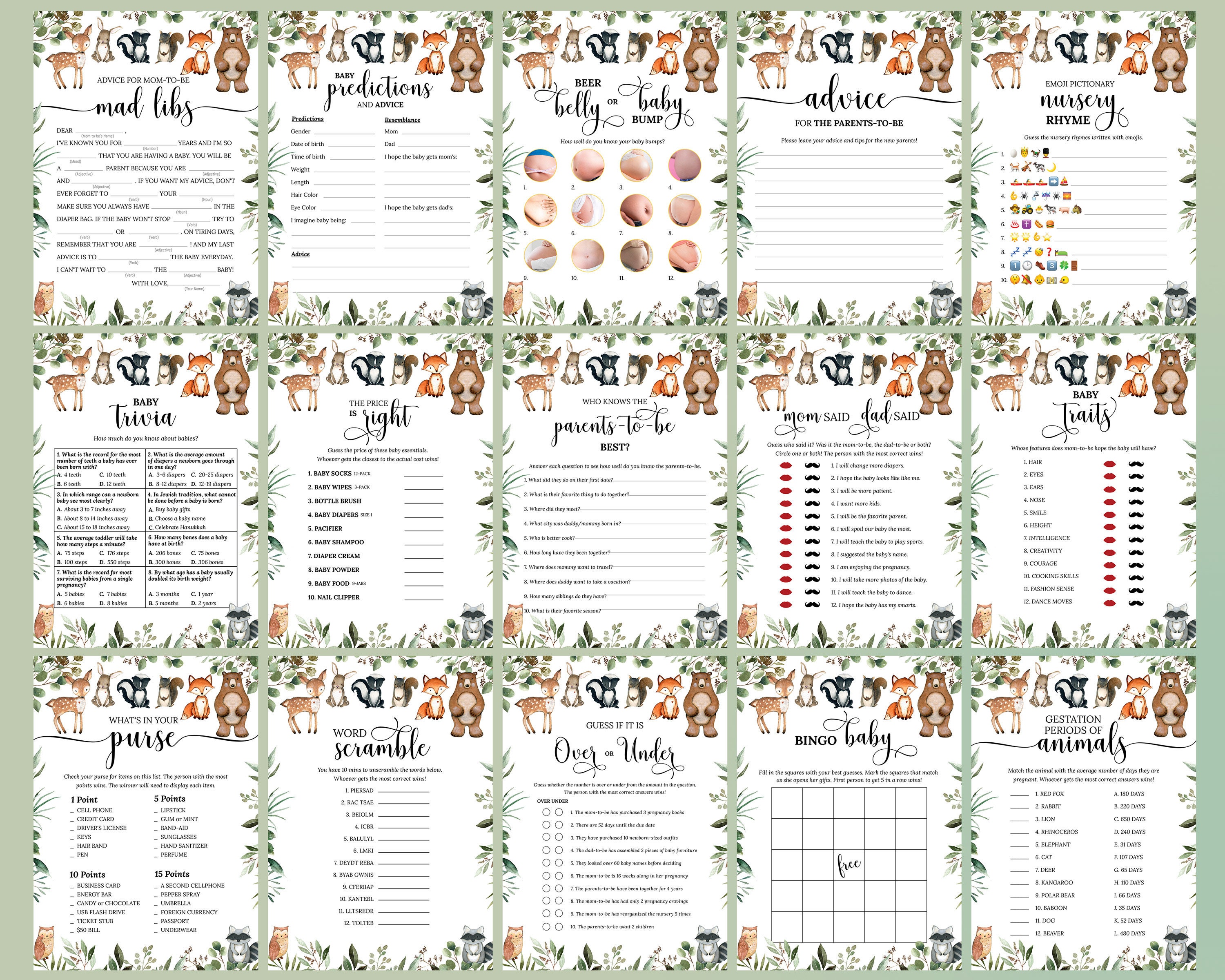 Woodland Baby Shower Games, Printable Baby Shower Games Bundle, Forest ...