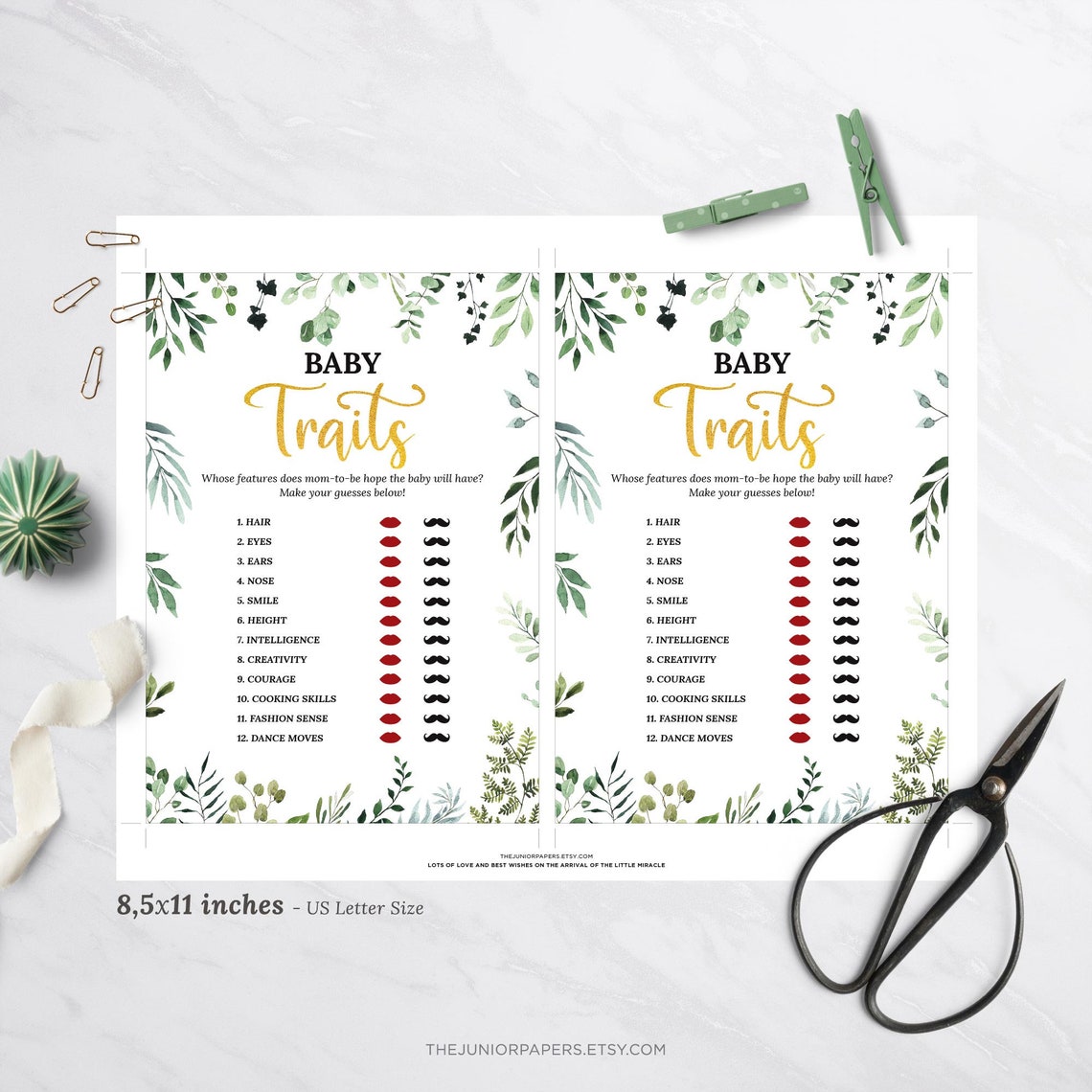 Editable Baby Traits Baby Shower Games Greenery Gold Baby | Etsy