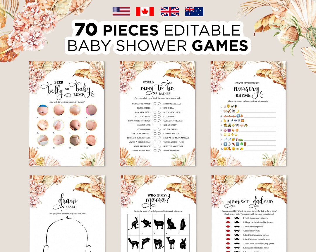 Editable Boho Baby Shower Games, Printable Shower Games Bundle, Boho ...
