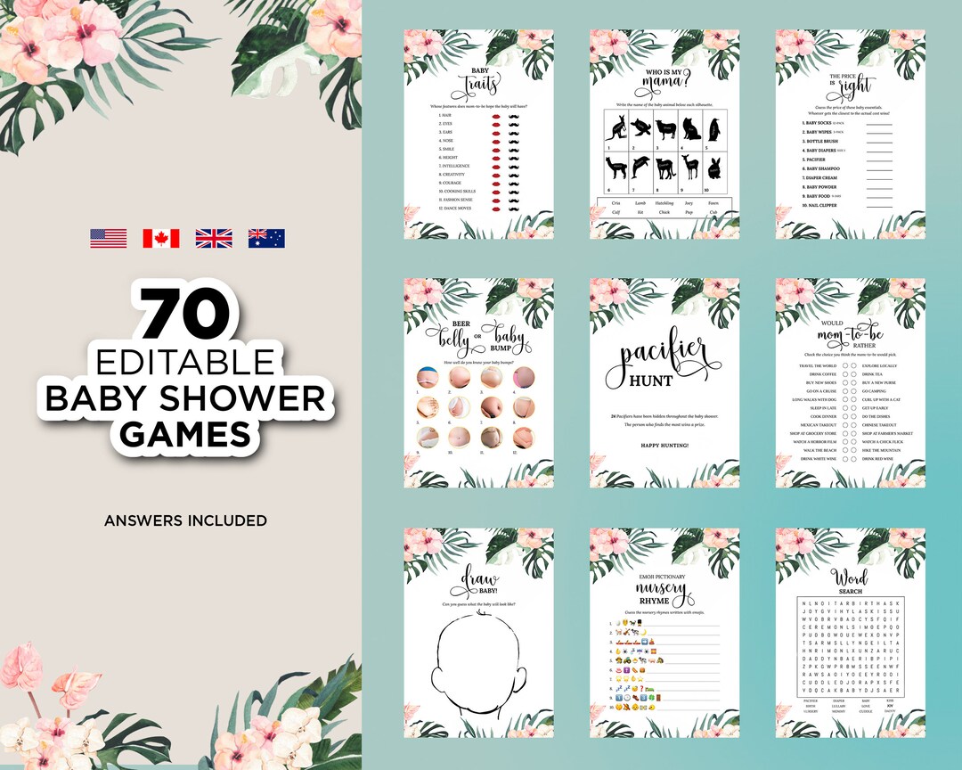 Tropical Editable Baby Shower Games, Printable Baby Shower Games Bundle ...
