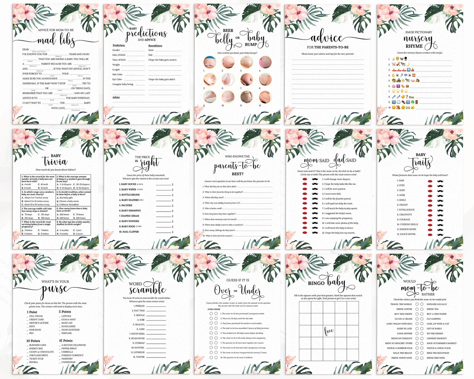 15 Editable Tropical Baby Shower Games Tropical Leaves - Etsy