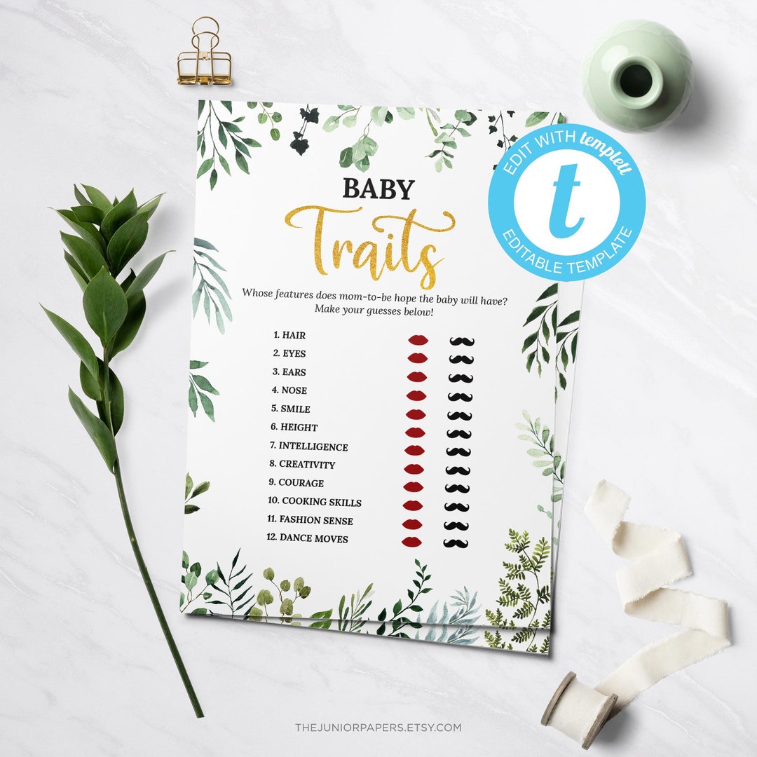 Editable Baby Traits, Baby Shower Games, Greenery, Gold, Baby Shower ...