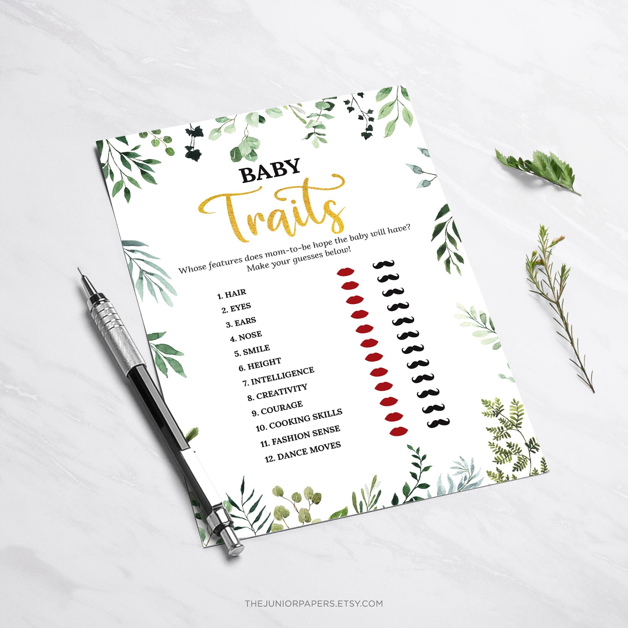Baby Traits Baby Shower Games Greenery Gold Baby Shower | Etsy