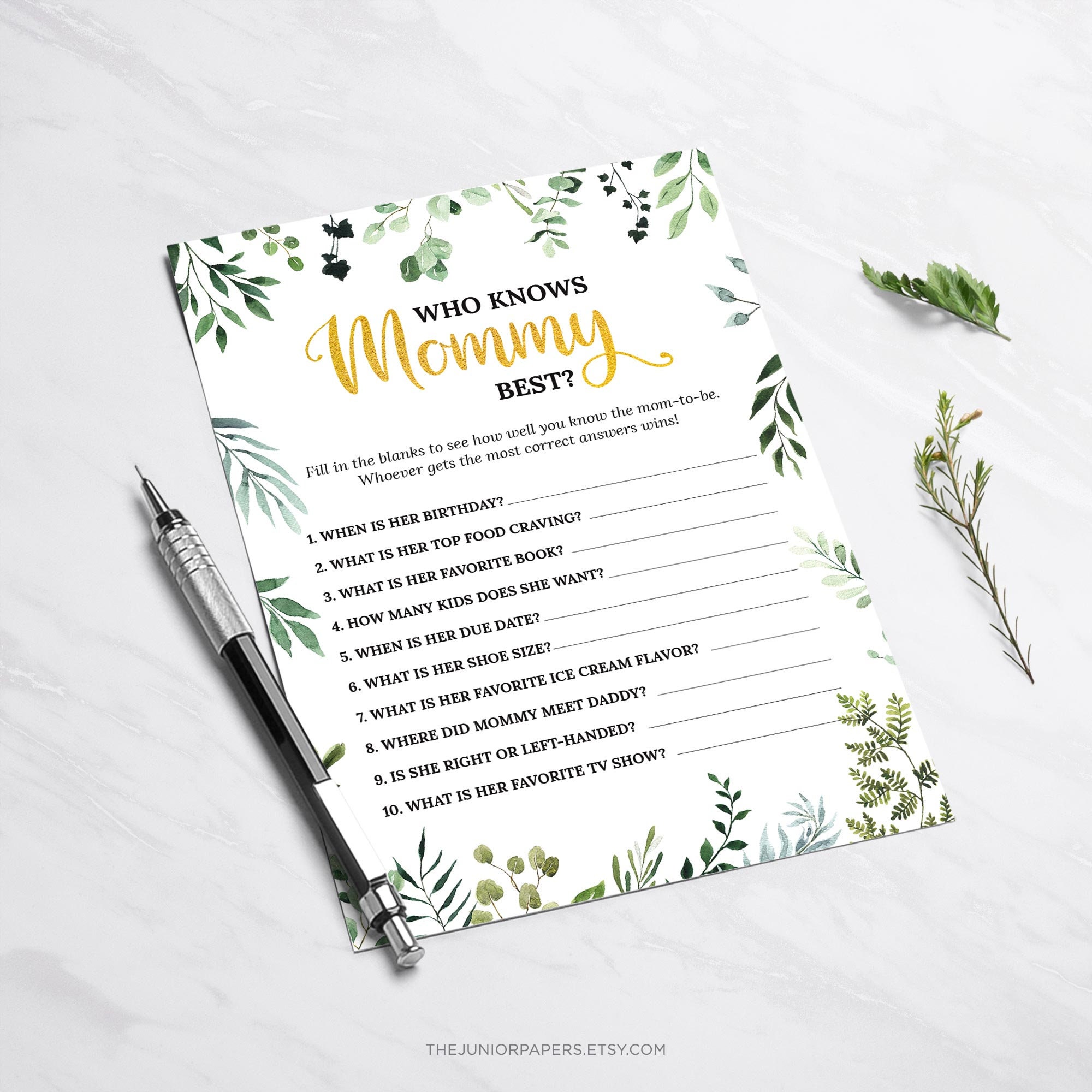 Editable Who Knows Mommy Best Baby Shower Games Greenery - Etsy