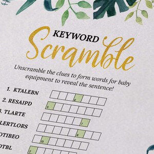 Keyword Scramble, Baby Shower Game, Safari Animals, Tropical Gold ...