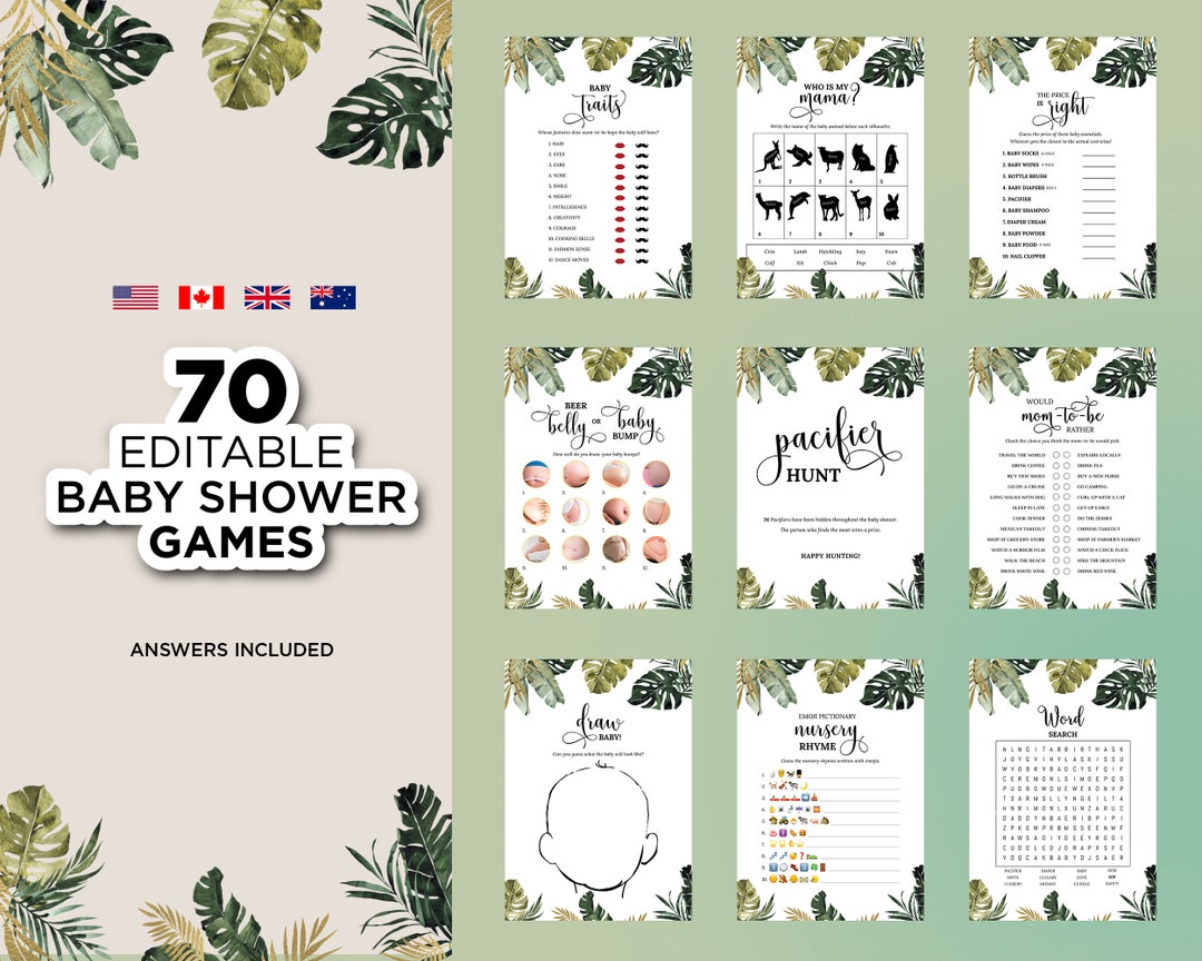 Tropical Editable Baby Shower Games, Modern Hawaiian Aloha Baby Shower ...