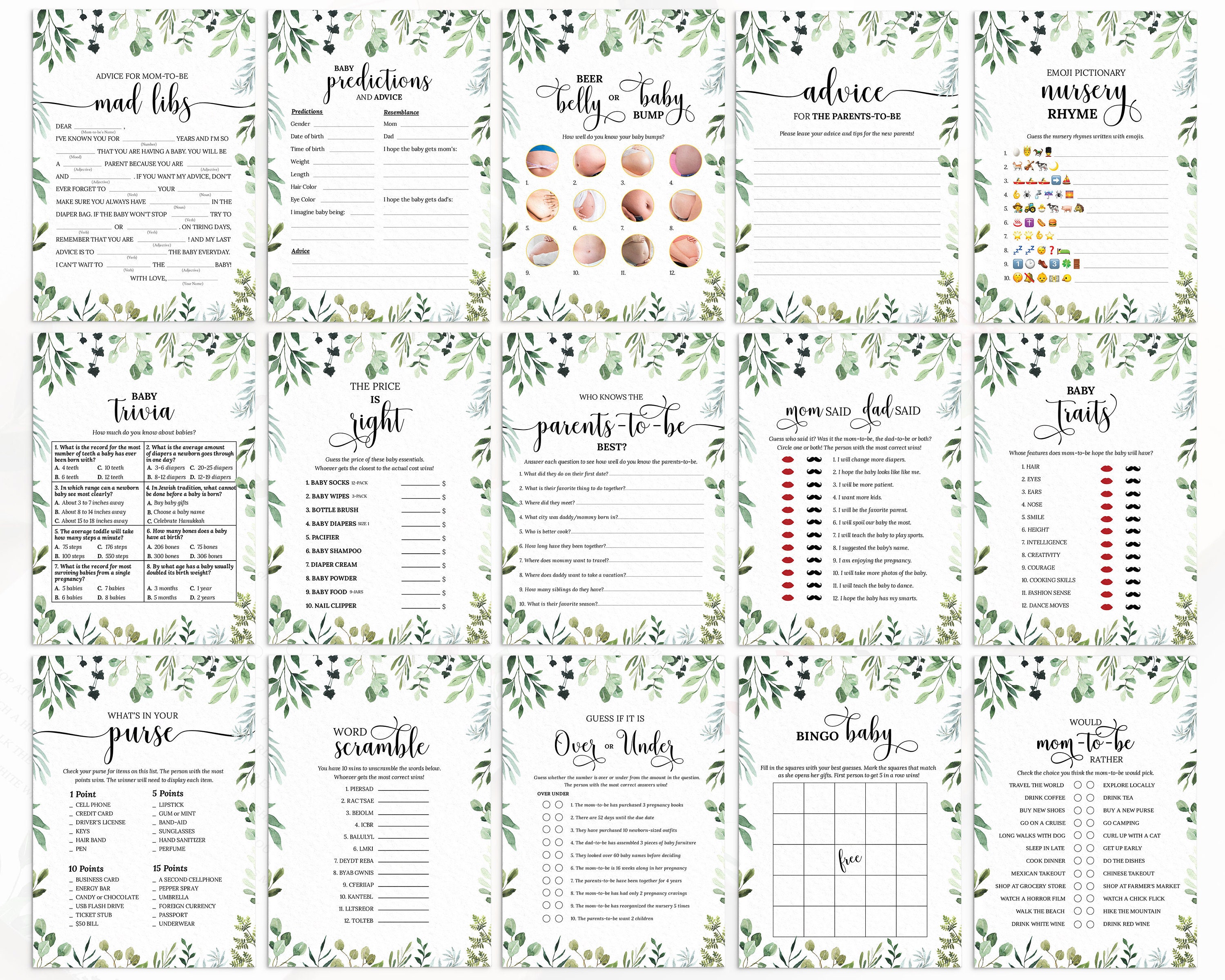 15 Editable Greenery Baby Shower Games Greenery Green Baby - Etsy
