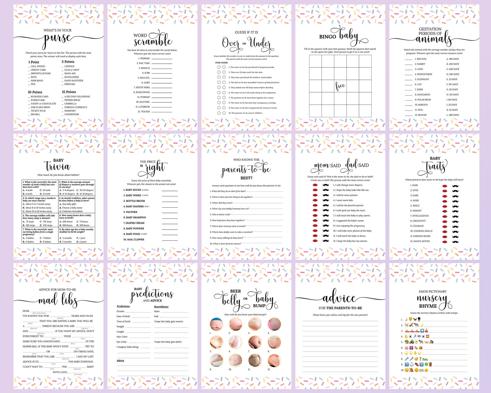 70 Sprinkle Baby Shower Games Editable Baby Shower Games - Etsy