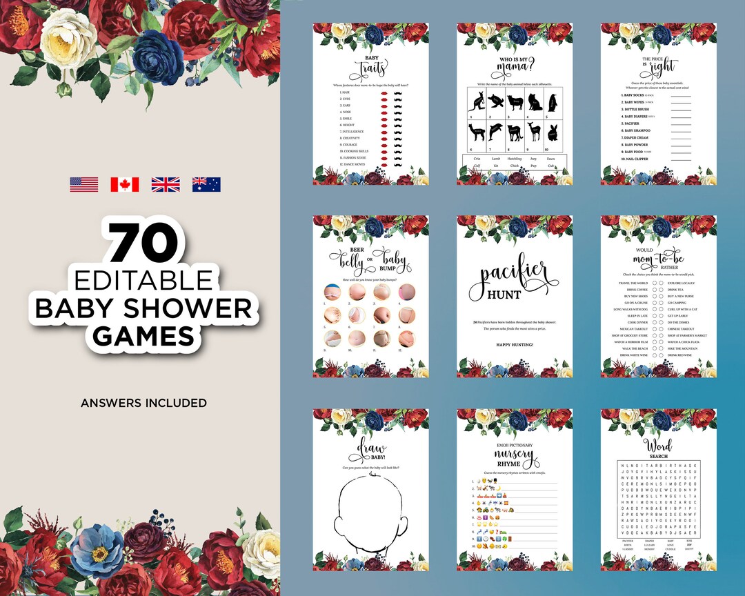 Juegos de baby shower editables florales, paquete de juegos de ducha ...