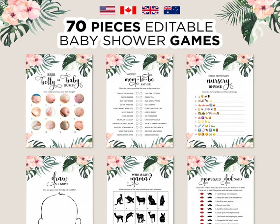 Editable Tropical Baby Shower Games Printable Baby Shower - Etsy
