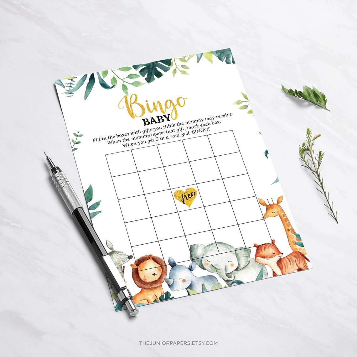 Baby Bingo Baby Shower Game Safari Animals Tropical Gold | Etsy