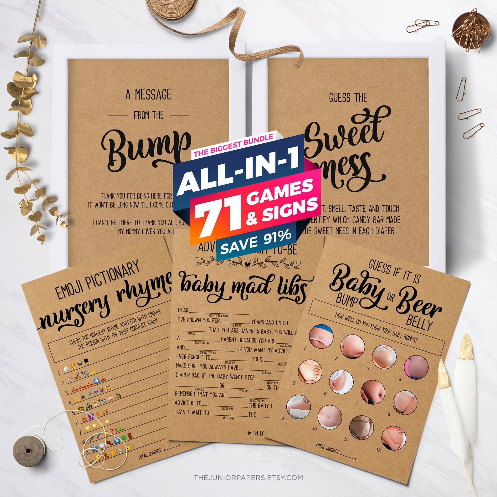 71 Pieces Baby Shower Game & Sign Bundle Rustic Kraft | Etsy