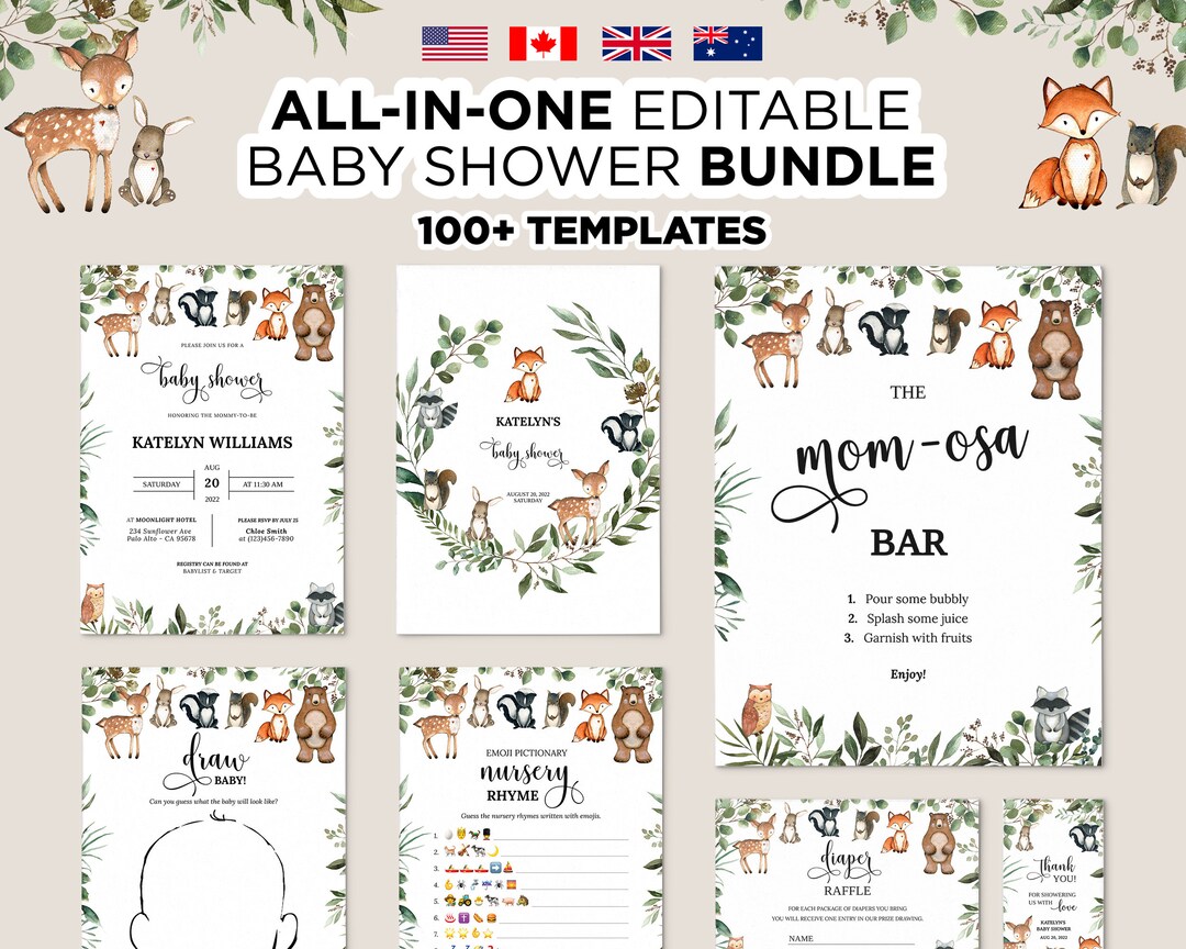 Woodland Baby Shower, Printable Forest Animals Baby Shower Package ...