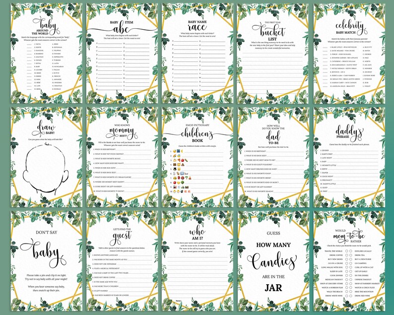Editable Greenery Baby Shower Bundle Printable Gold Foliage - Etsy