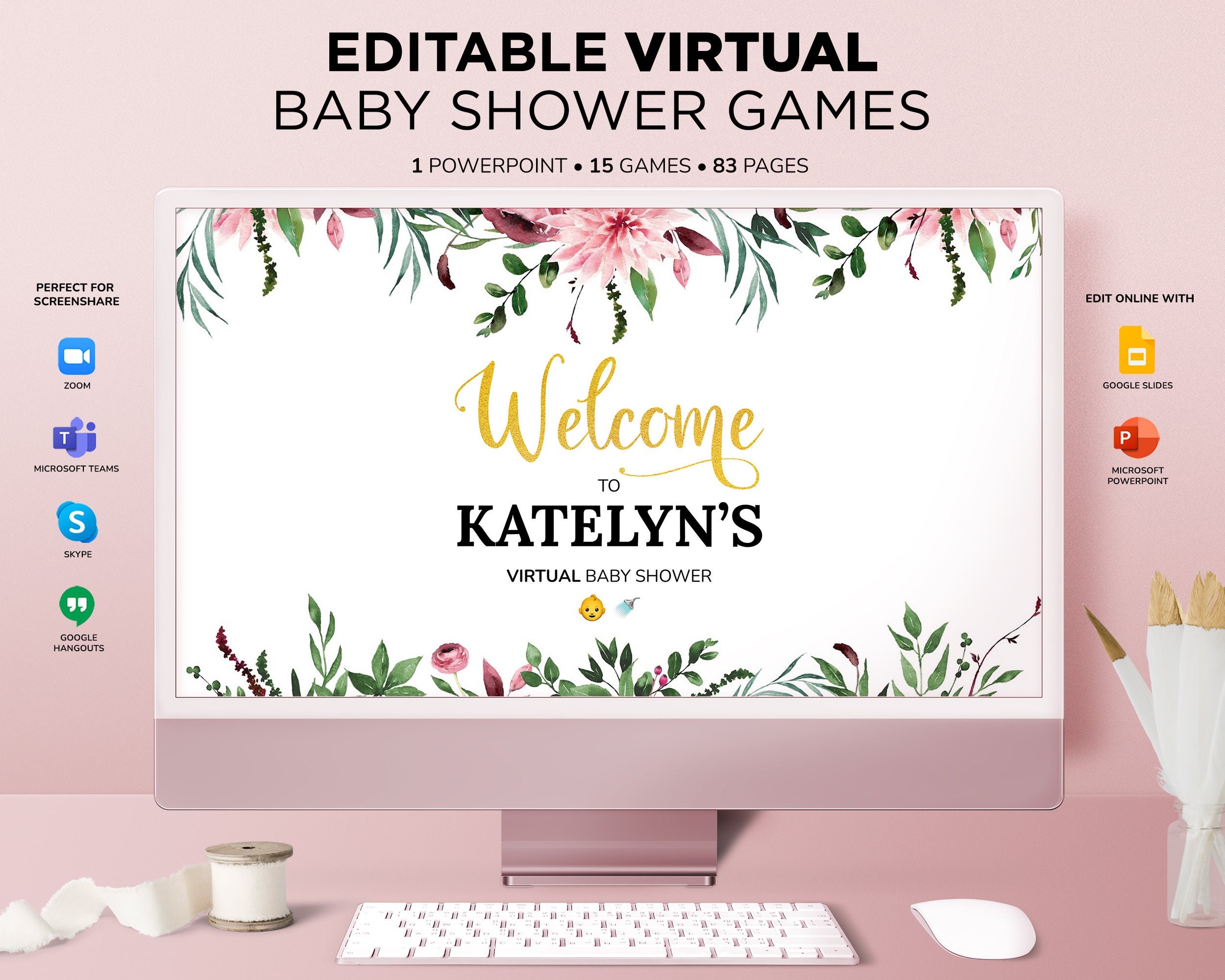 Blush Floral Virtual Baby Shower Games, Powerpoint Baby Shower Games ...