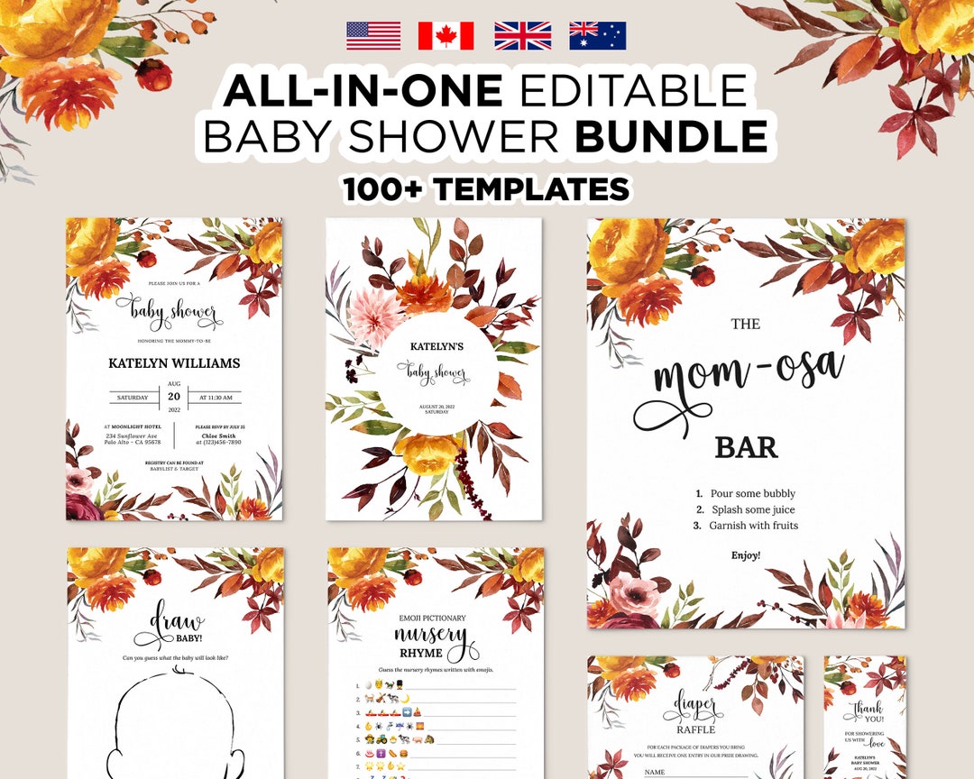 Editable Fall Baby Shower Bundle, Printable Baby Shower Games, Baby ...