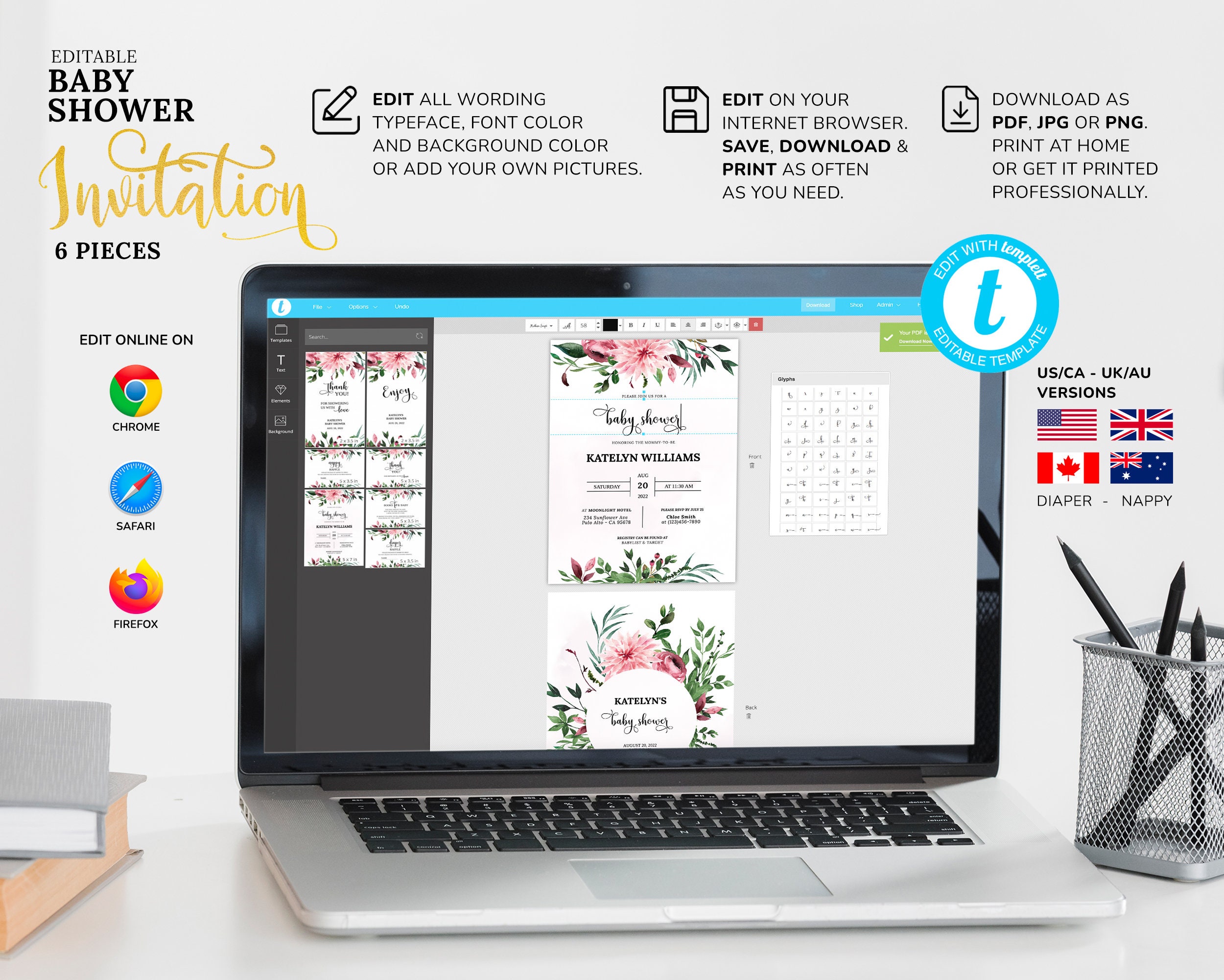 6 Pieces Editable Baby Shower Invitation Baby Shower Baby - Etsy