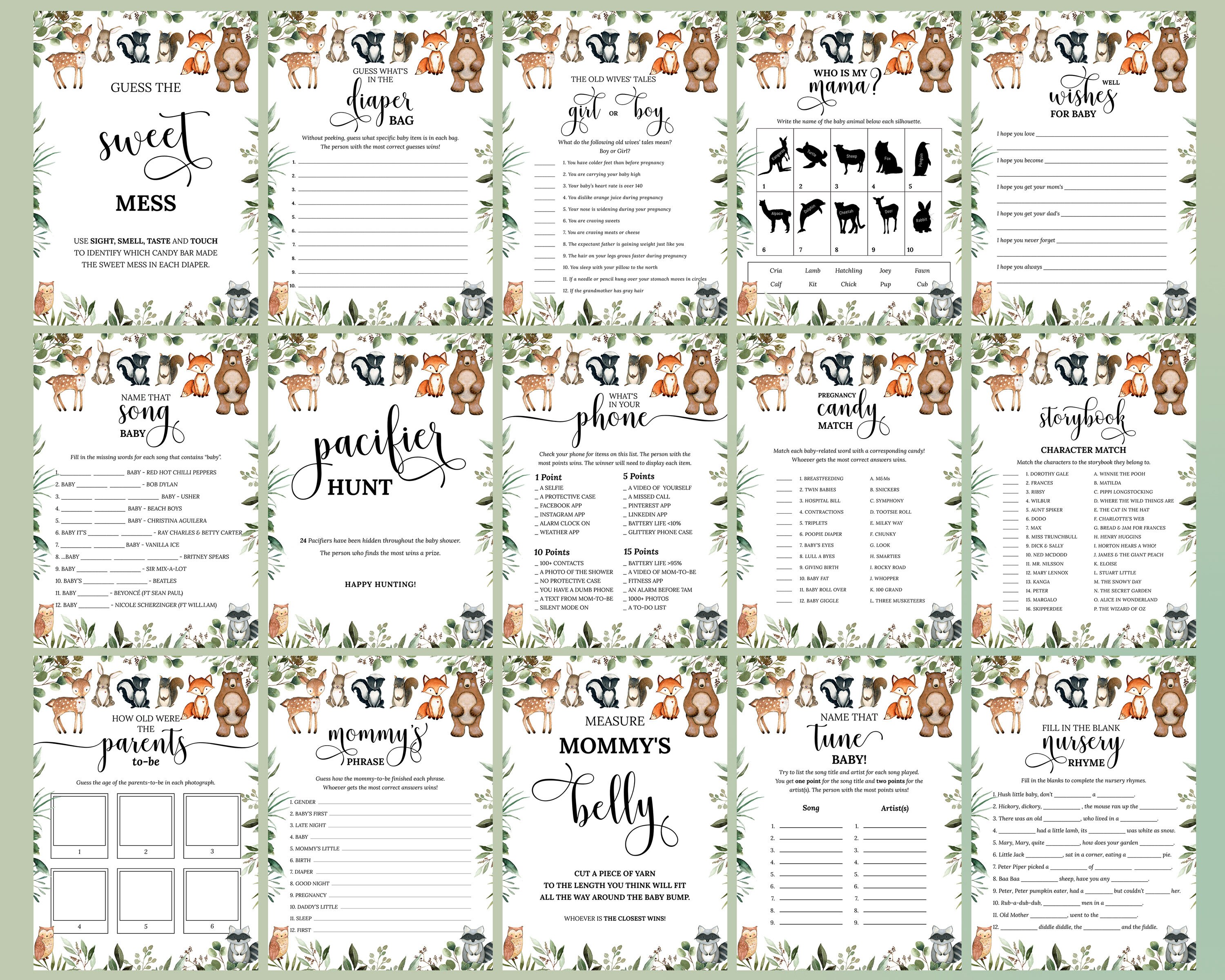 Woodland Baby Shower Games, Printable Baby Shower Games Bundle, Forest ...