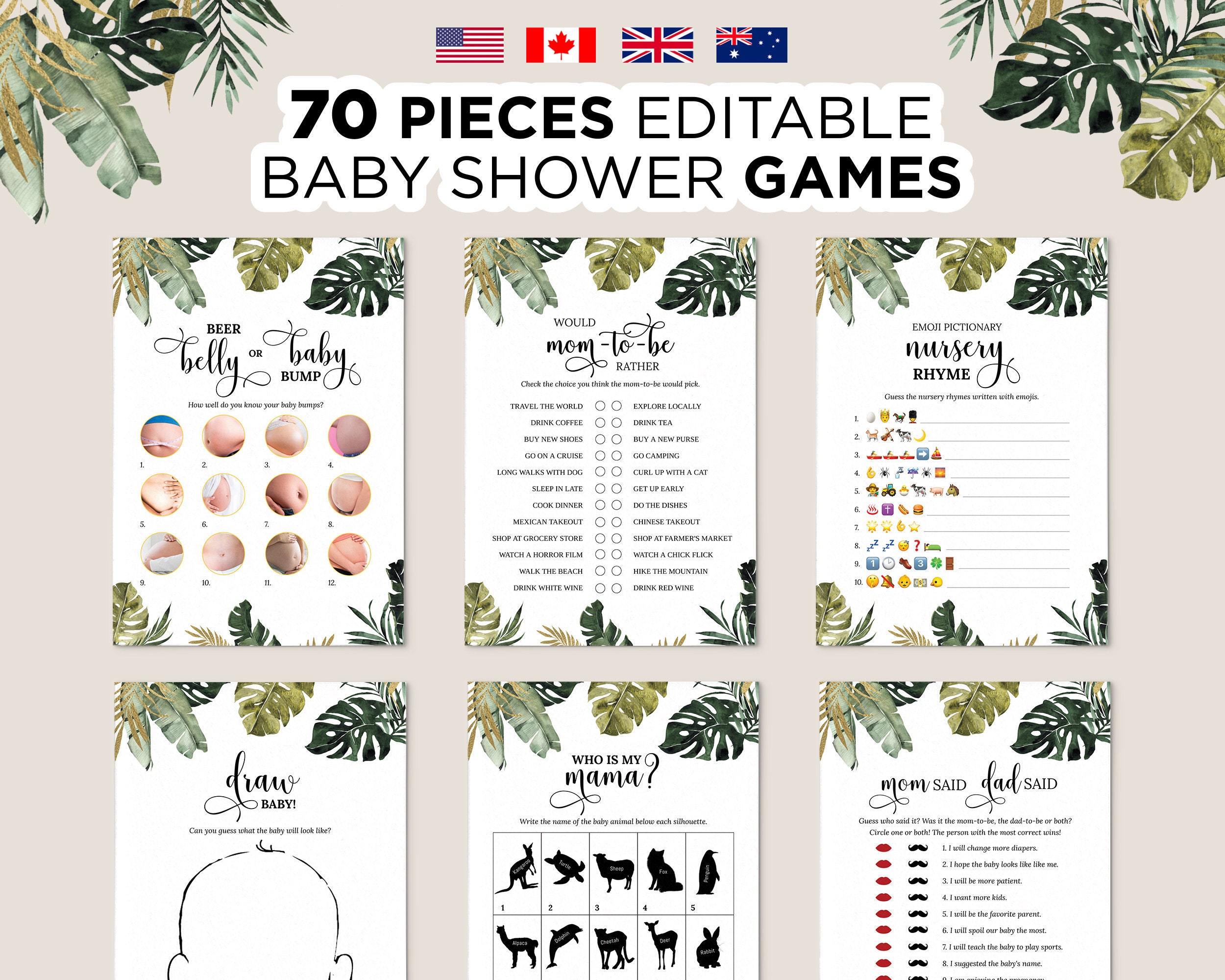Editable Tropical Baby Shower Games Printable Gold Tropical | Etsy