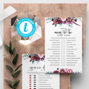 15 Editable Burgundy Baby Shower Games Bundle, Floral, Burgundy, Baby ...