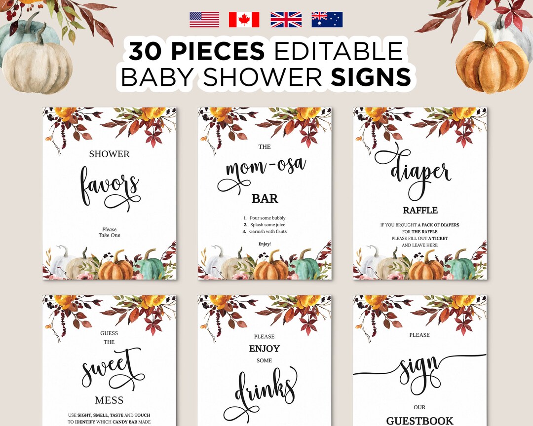 Editable Pumpkin Baby Shower Signs, Printable Shower Table Sign Bundle ...