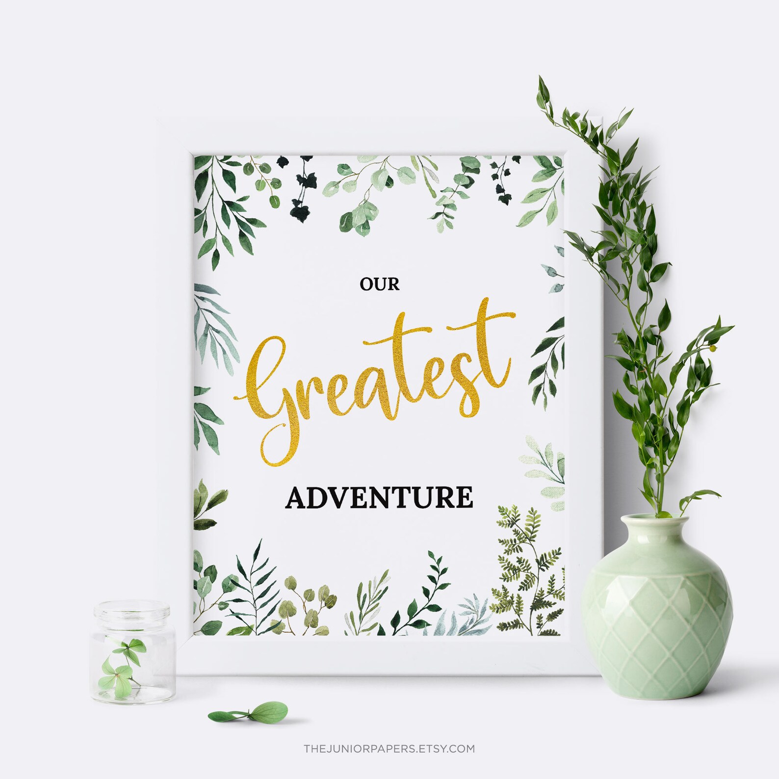 Our Greatest Adventure Baby Shower Sign Greenery Gold - Etsy UK