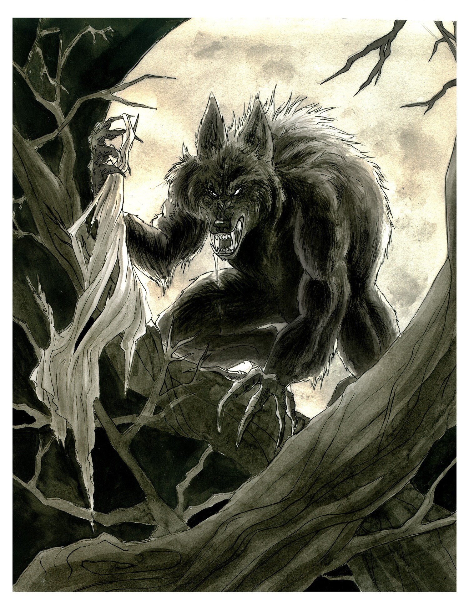 Werewolf Print / Werewolf Art/ Goth Art / Ink Wash / Wall Art | Etsy