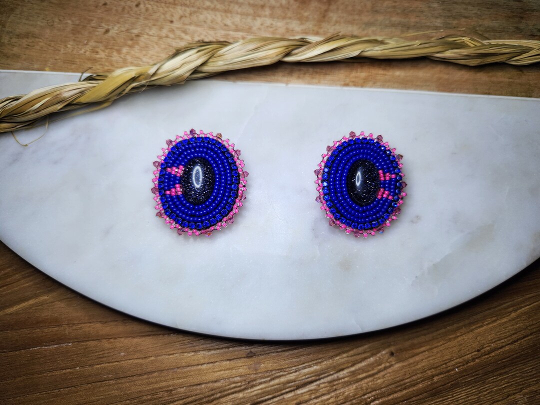 Gold Stone Beaded Earrings Cobalt and Neon Pink Mikmaq Beadwork ...