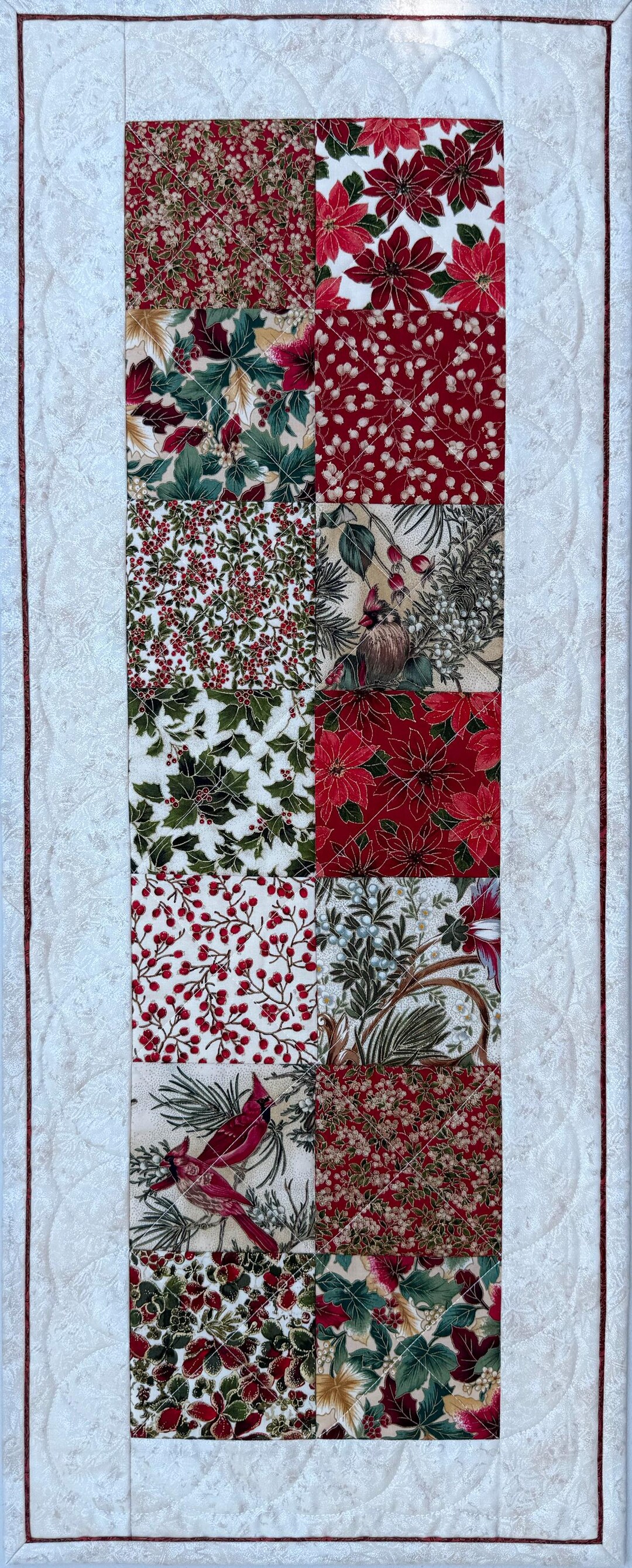 Christmas Winter Quilted Table Runner, Holiday Fabrics, Ivory and Red ...