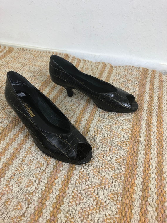 60s 70s magdesians black croc gator texture peep toe … - Gem