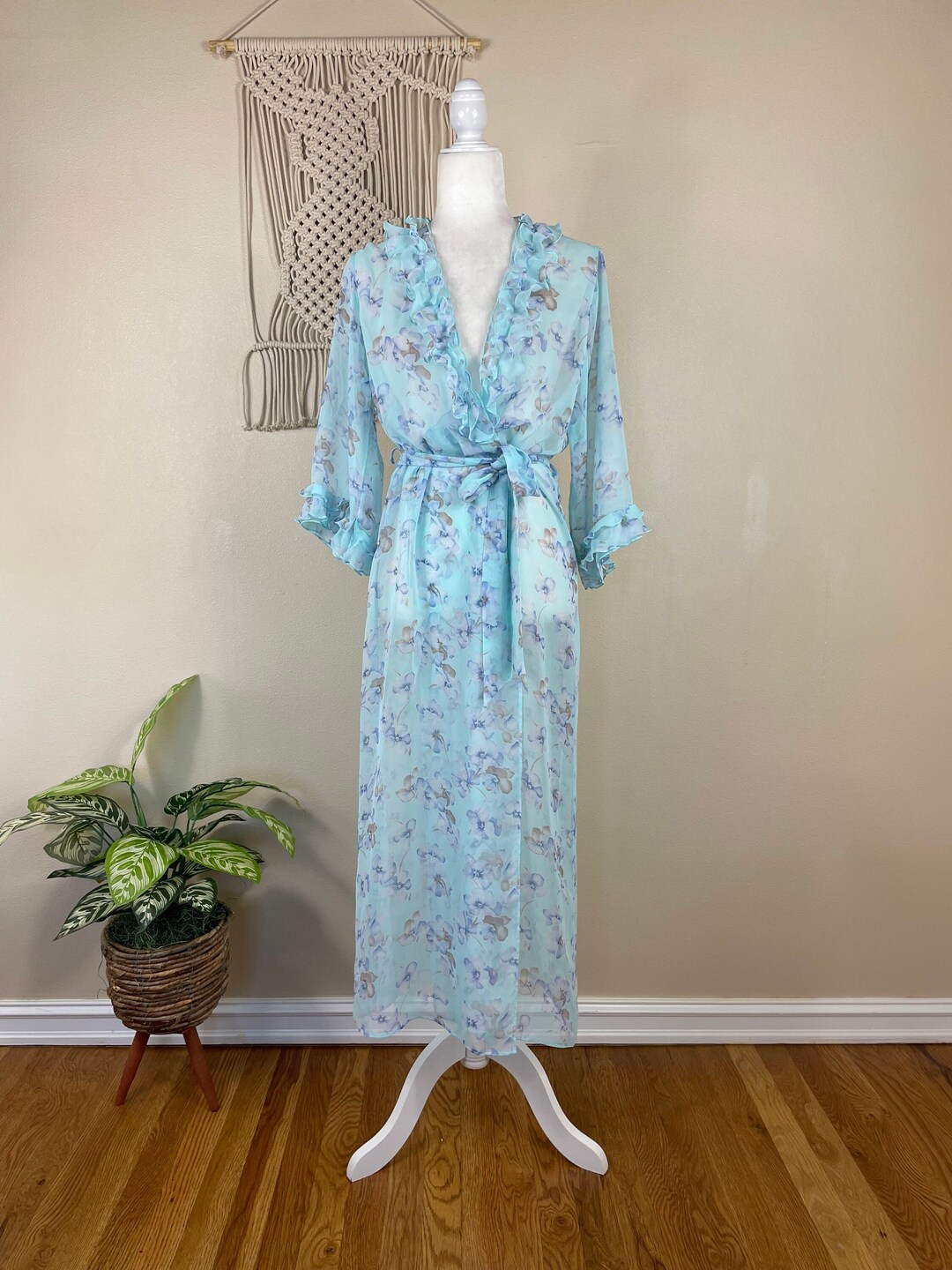 Y2k Dreamy Aqua Chiffon Sheer Ruffle Floral Maxi Robe Size S Small ...