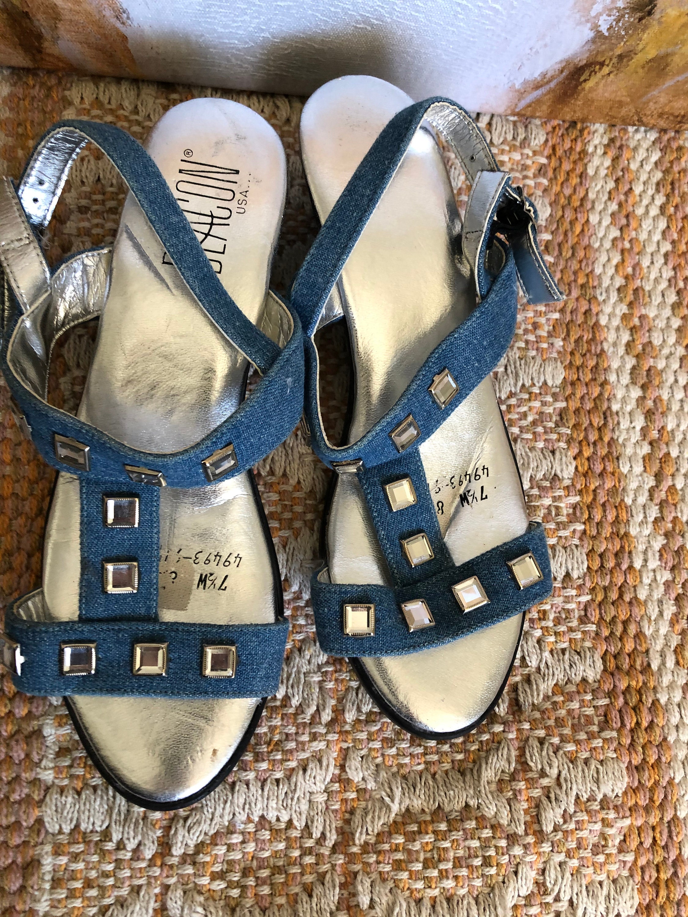 90s Vintage Denim Rhinestone T Strap Block Heel Sandals Size 7.5 W 8 ...