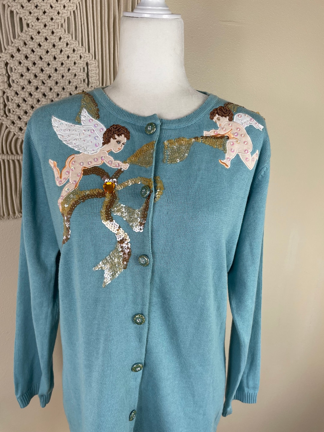 Y2k NWT Storybook Knits Celestial Cherub Angel Motif Button Down Aqua ...